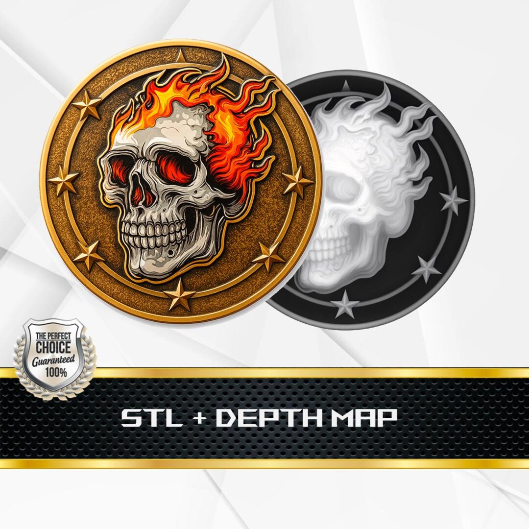 Skull Coin Depth Map: 3D Laser Engrave Files (STL, Lightburn BMP, PNG ...