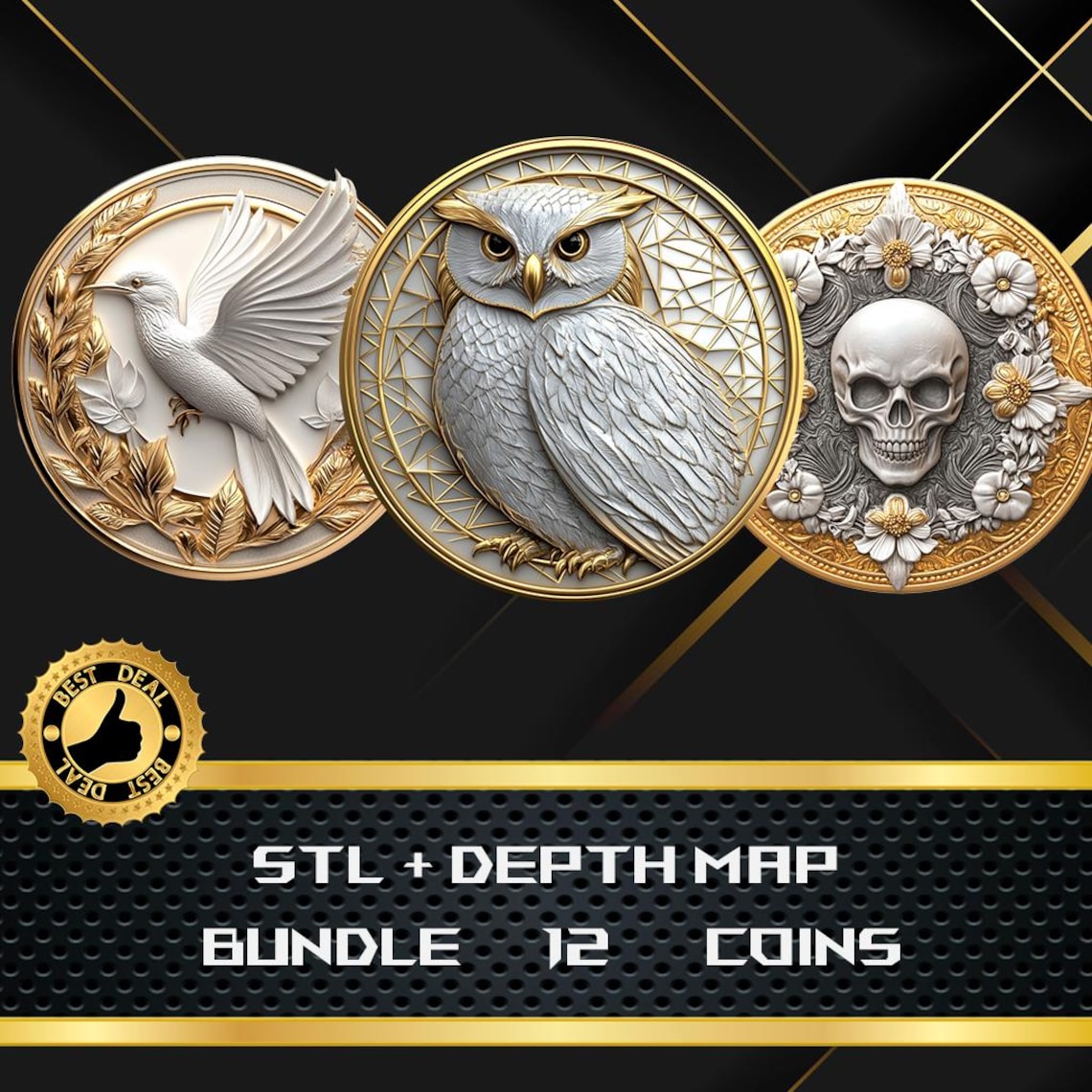 12x Coin Depth Map: 3D Embossing Laser Engrave STL and Heigth Map Files ...
