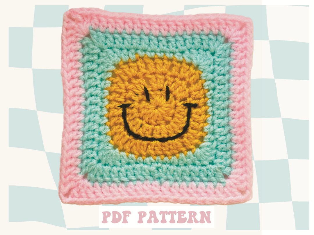 Smiley Face Granny Square Crochet Pattern: Retro Boho Motif (digital ...