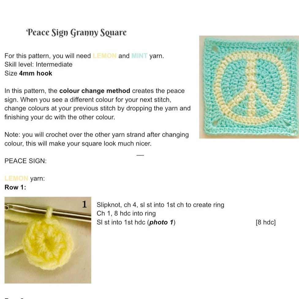 Peace Sign Granny Square Crochet Pattern: Retro Boho Motif (digital PDF ...