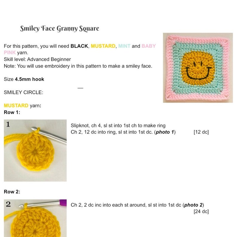 Smiley Face Granny Square Crochet Pattern: Retro Boho Motif (digital ...