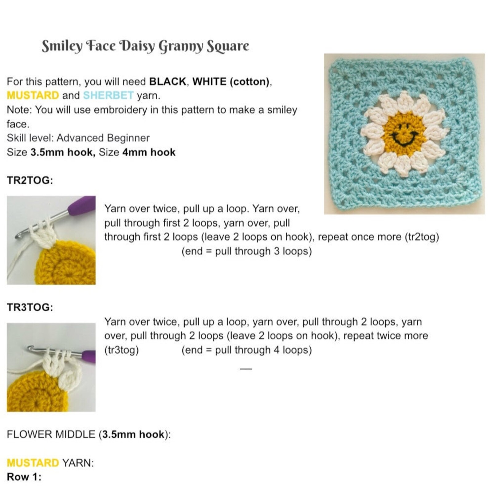 Smiley Face Daisy Granny Square Crochet Pattern: Retro Boho (digital ...