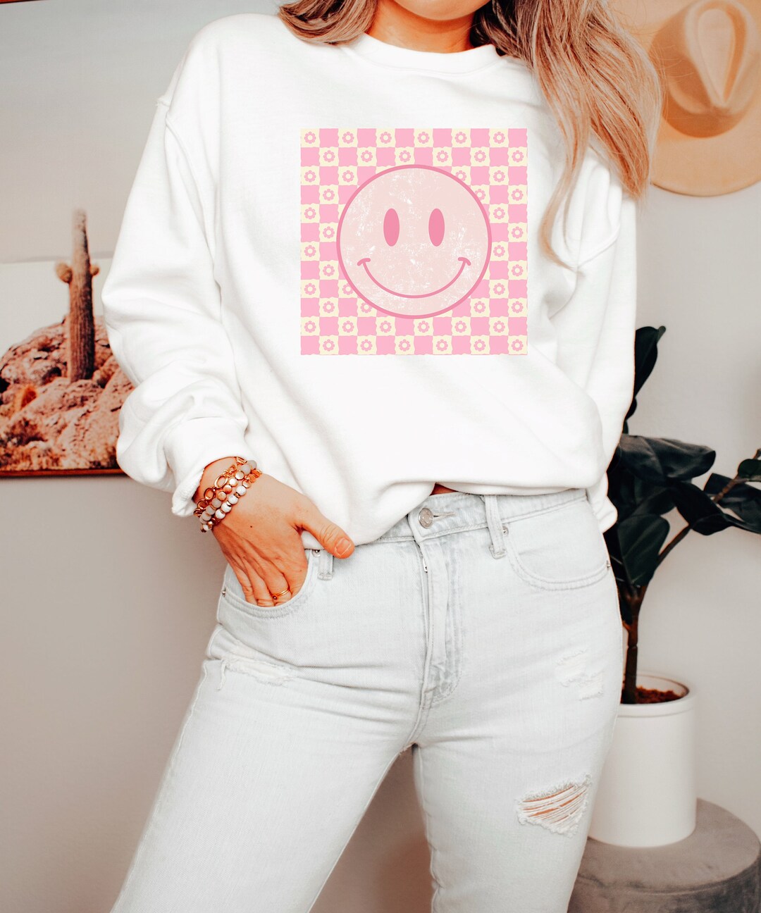 Smiley Face Sweatshirt , Checkered Smile Face Sweatshirt , Trendy Smile ...