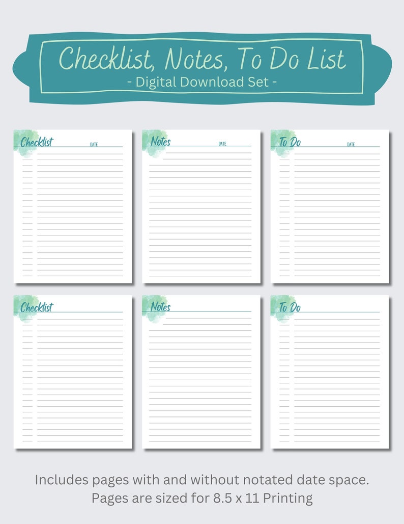 Checklist, to Do List and Notes Page Set, Blank Notes Page, 8.5 X 11 ...