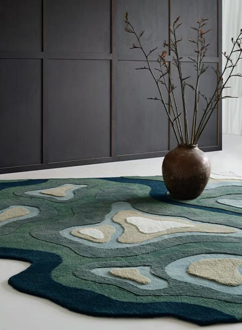 Designer Irregular Shape Green Wool Rug Hand Tufted Rug Modern Rug Hand ...