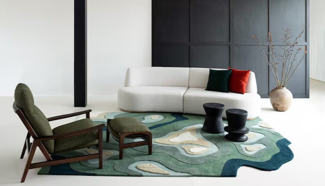 Designer Irregular Shape Green Wool Rug Hand Tufted Rug Modern Rug Hand ...