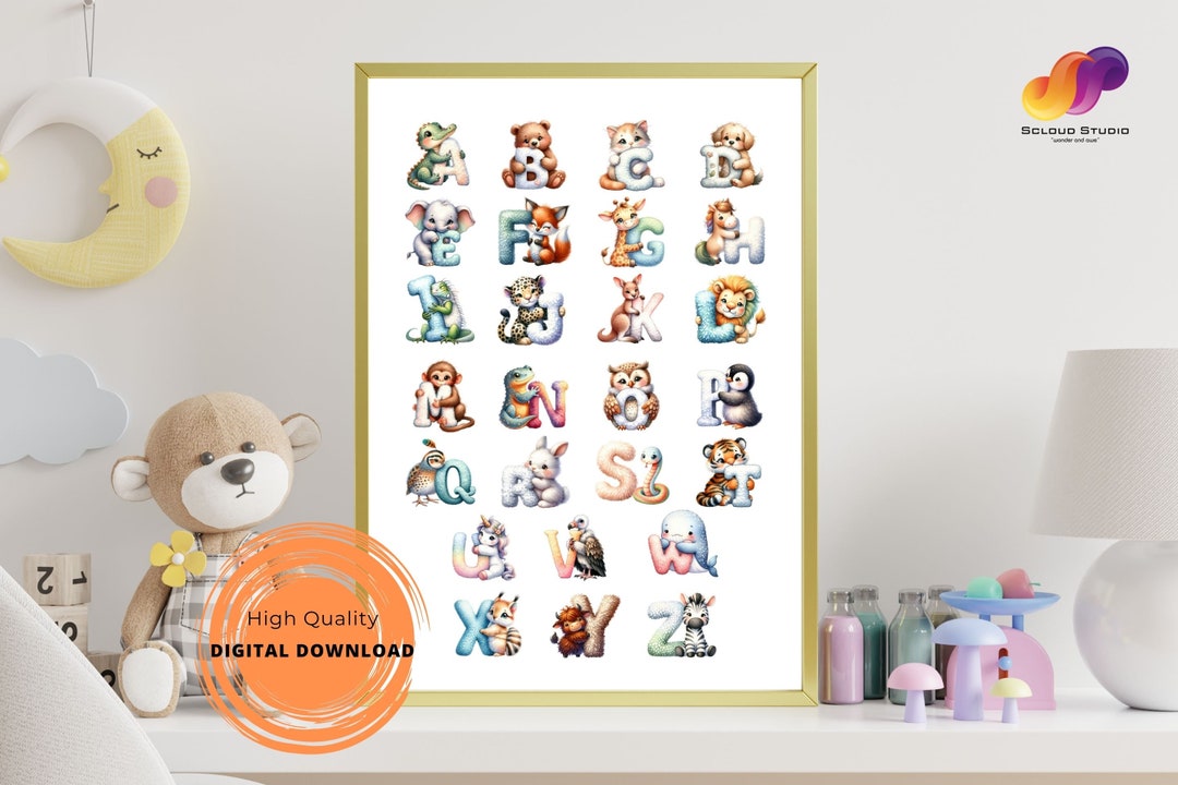 Printable ABC Animals Alphabet Wall Art Set for Kid Room - Colorful ...