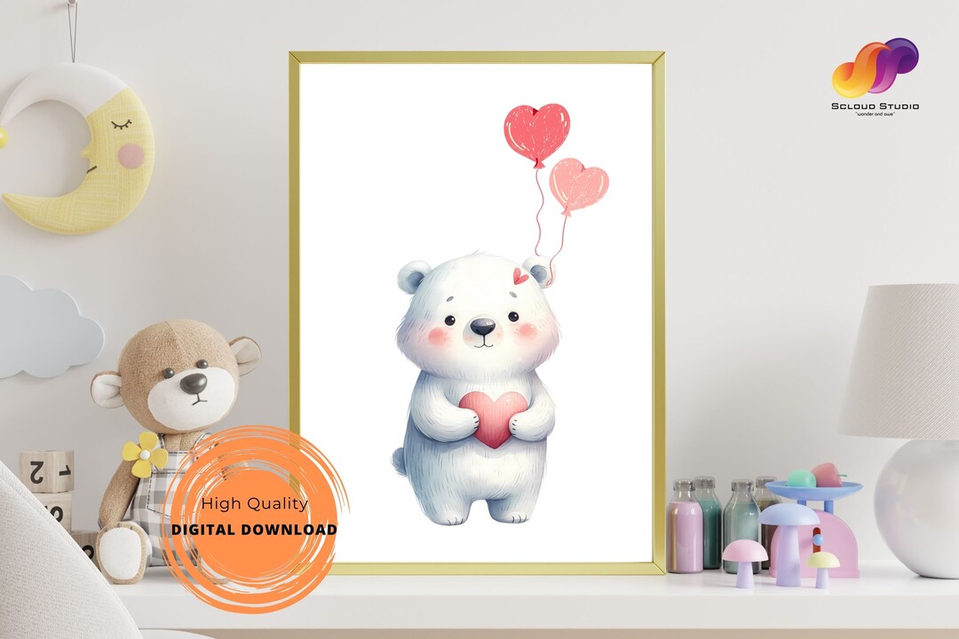 Printable Pola Bear Wall Art Colorful Animals Heart Balloons Nursery ...