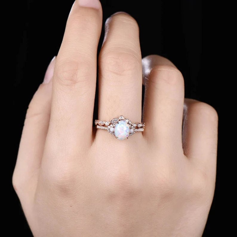 Oval Ethiopian Opal Engagement Ring Set: Rose Gold Sterling Silver ...
