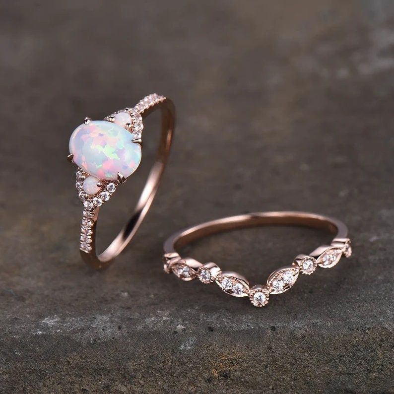Oval Ethiopian Opal Engagement Ring Set: Rose Gold Sterling Silver ...