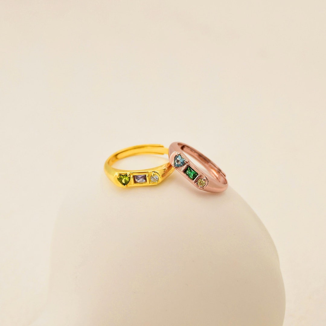 Custom Gemstone Signet Ring, Dainty Birthstone Ring, Heart Ring ...