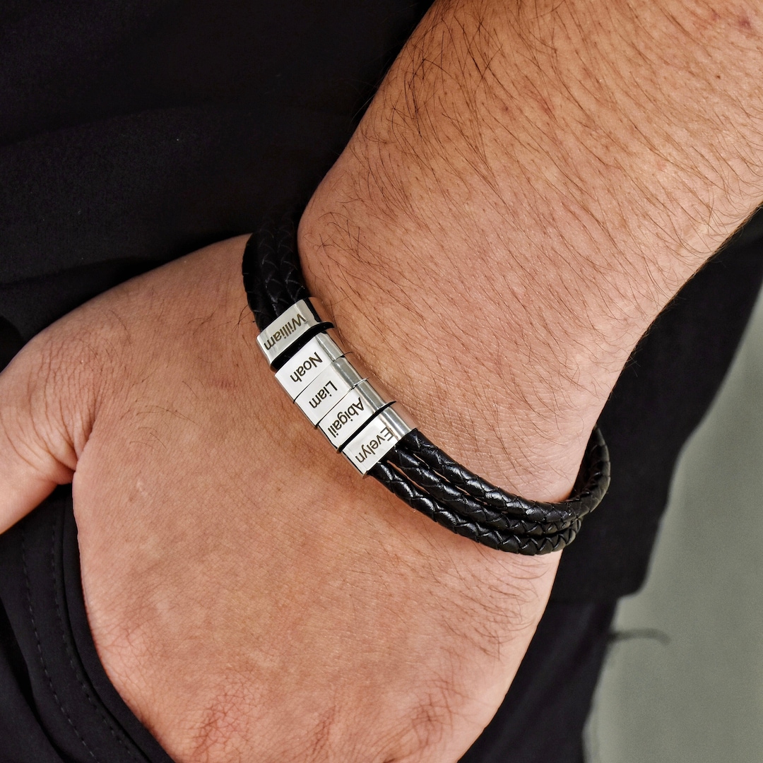 Personalized Leather Beaded Bracelet, Mens Name Bracelet,personalized ...