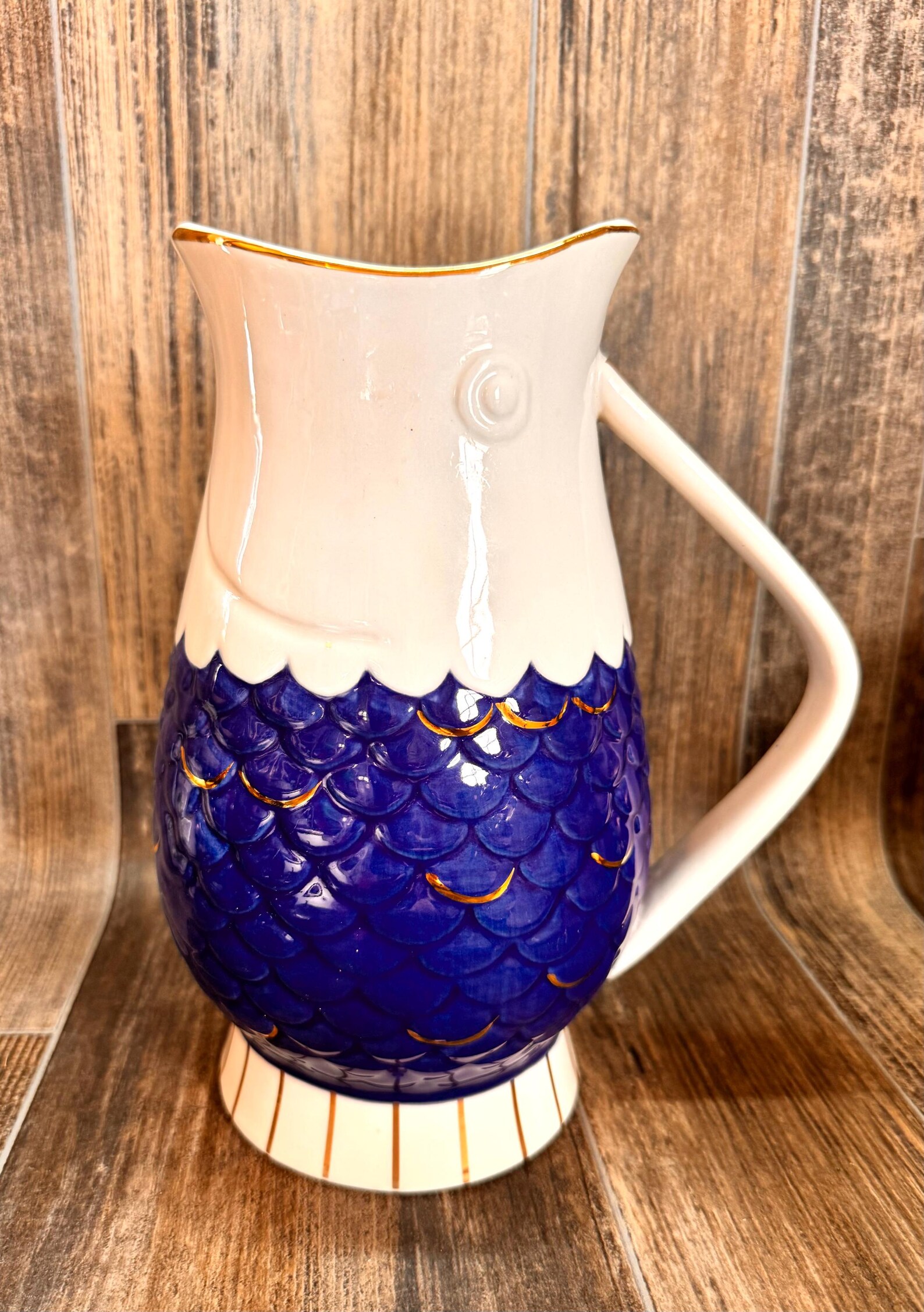 Threshold Fish Pitcher Vase White Blue Gold Trim Handle Ceramic - Etsy