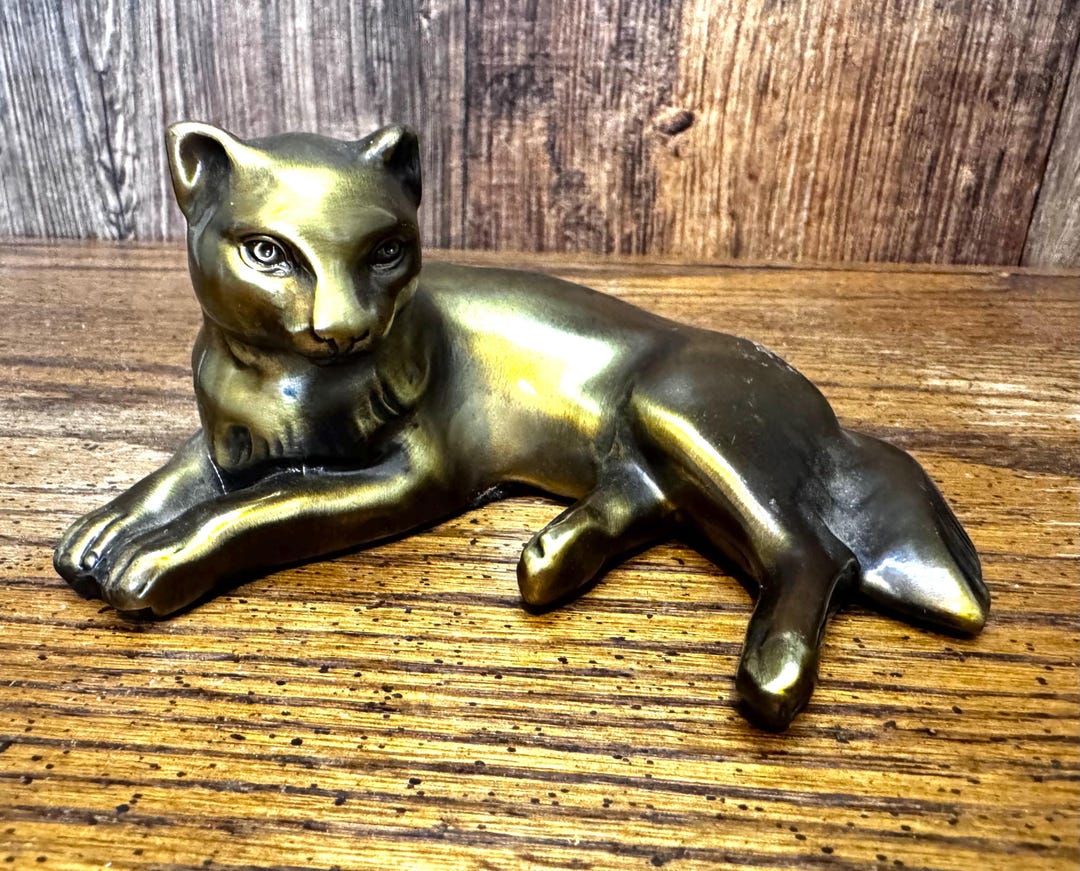 Vintage Brass Kitty Cat Feline Statue Figurine Figure Laying Down MCM ...