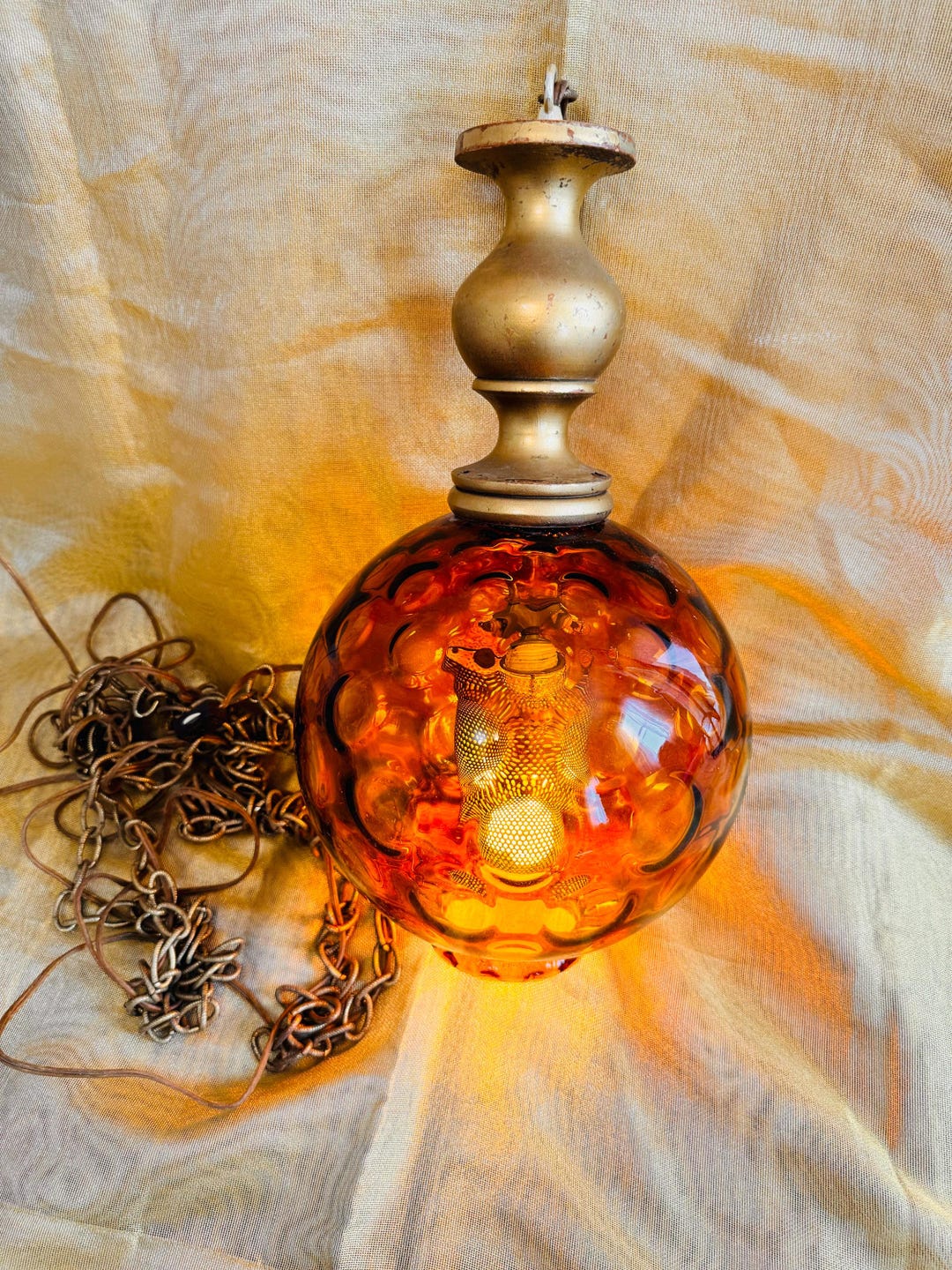 VINTAGE SWAG LAMP, Optical Amber Glass , Round - Etsy