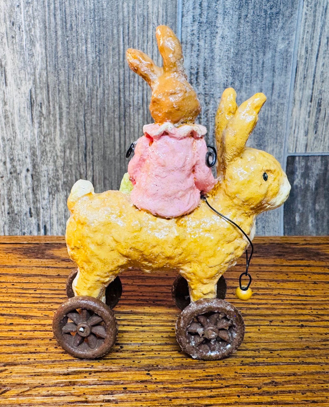 Primitive Girl Bunny Riding Rabbit on Wheels Figurine Spring Easter ...
