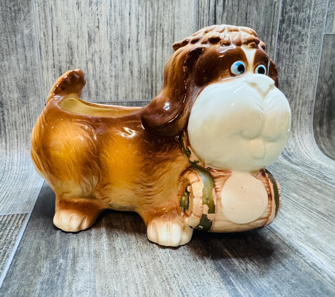 Vintage Enesco Planter Rescue Dog Hound Red Cross Whiskey Barrel E-4525 ...