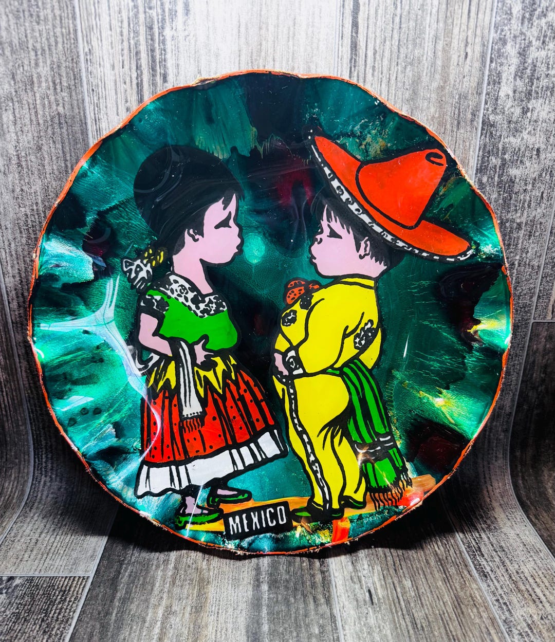 Vintage Mexico Decorative Wavy Plates - Reverse Painted Child Art 13 ...