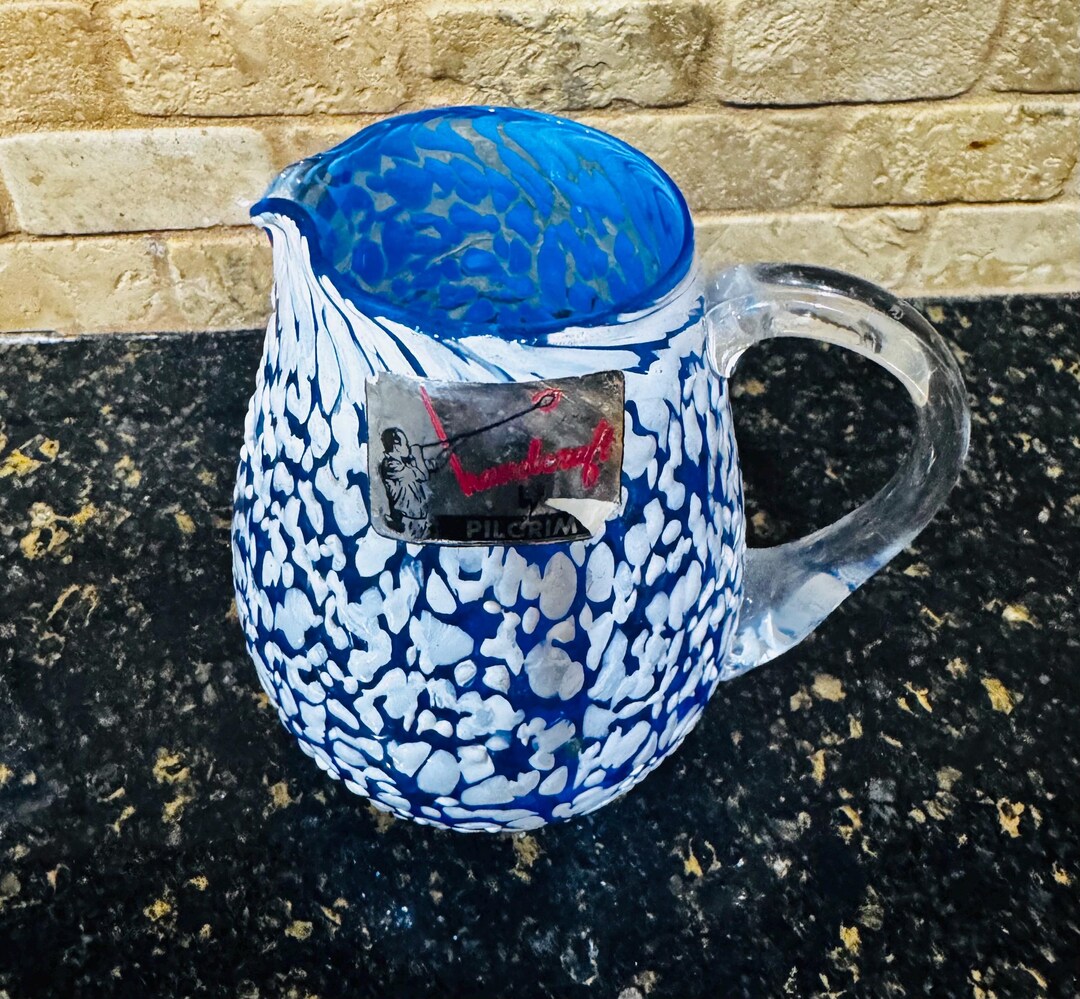 Vintage Pilgrim Glass Pitcher Blue W/ Splatter White W/ Original Tag ...