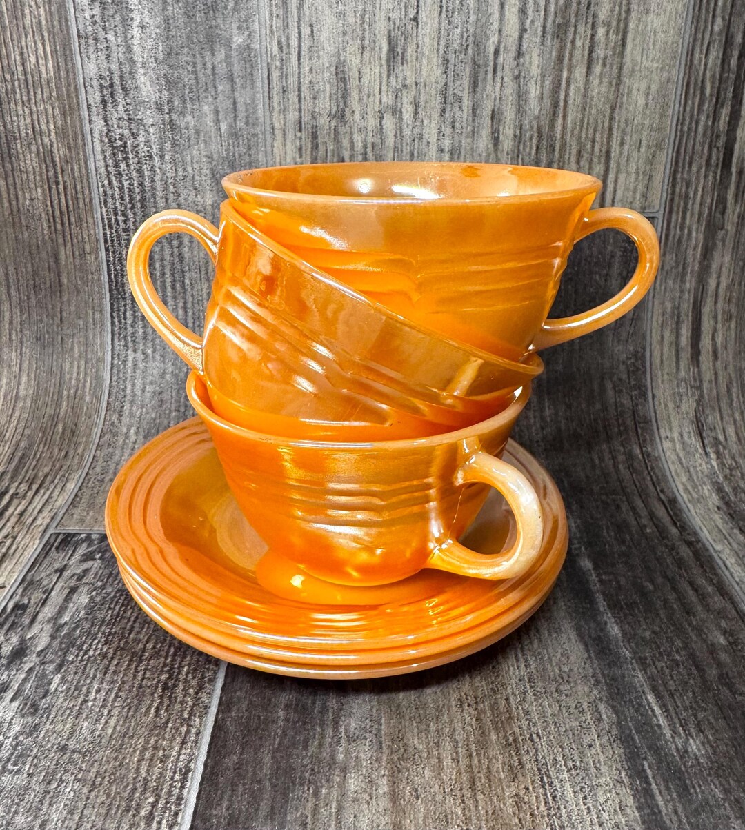 3 Vintage Fire King Peach Luster Cups and Saucers Sets - Etsy