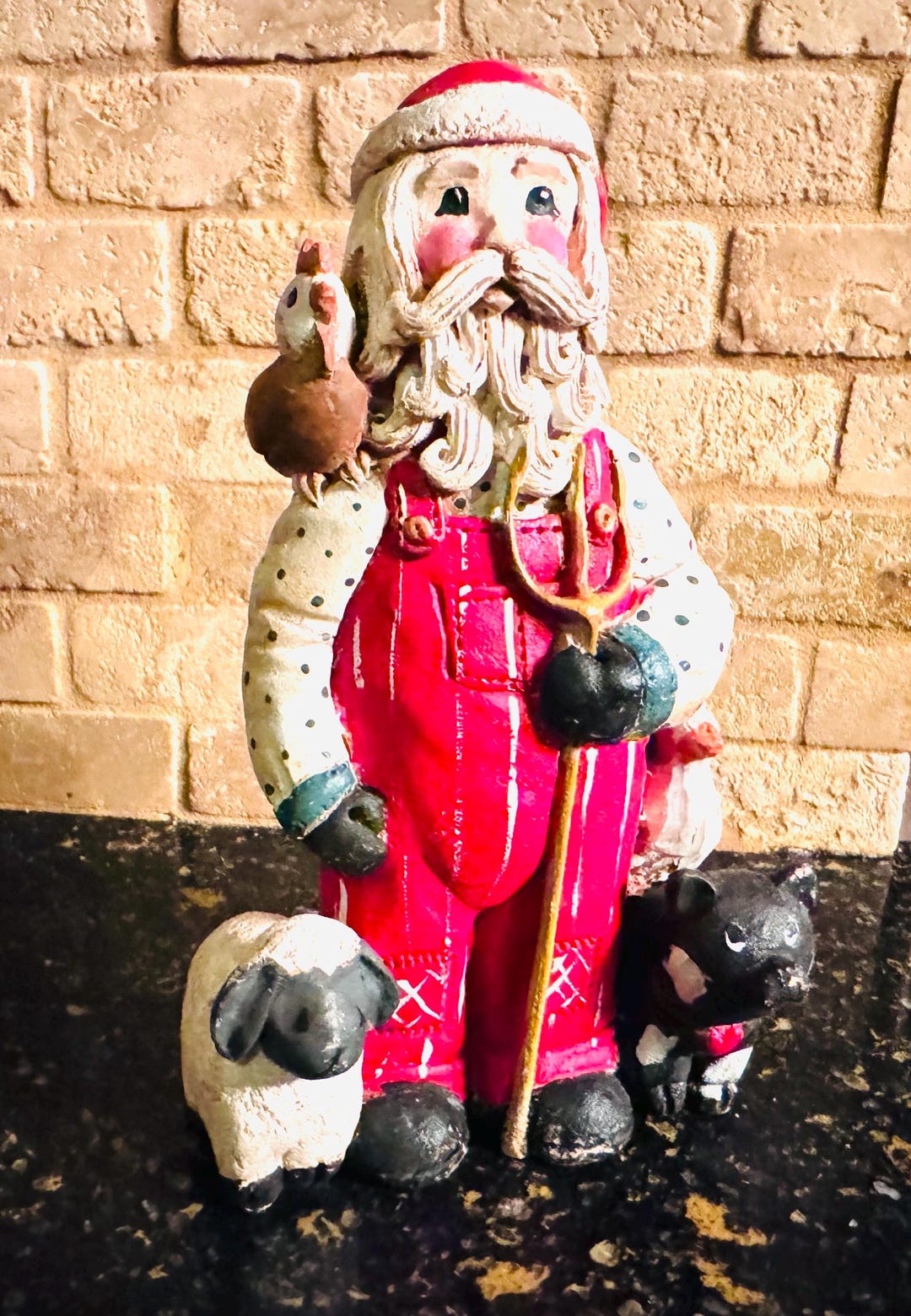 Jim Shore Rare Vintage Folk Art Santa Farmer Pitchfork RED Overalls ...