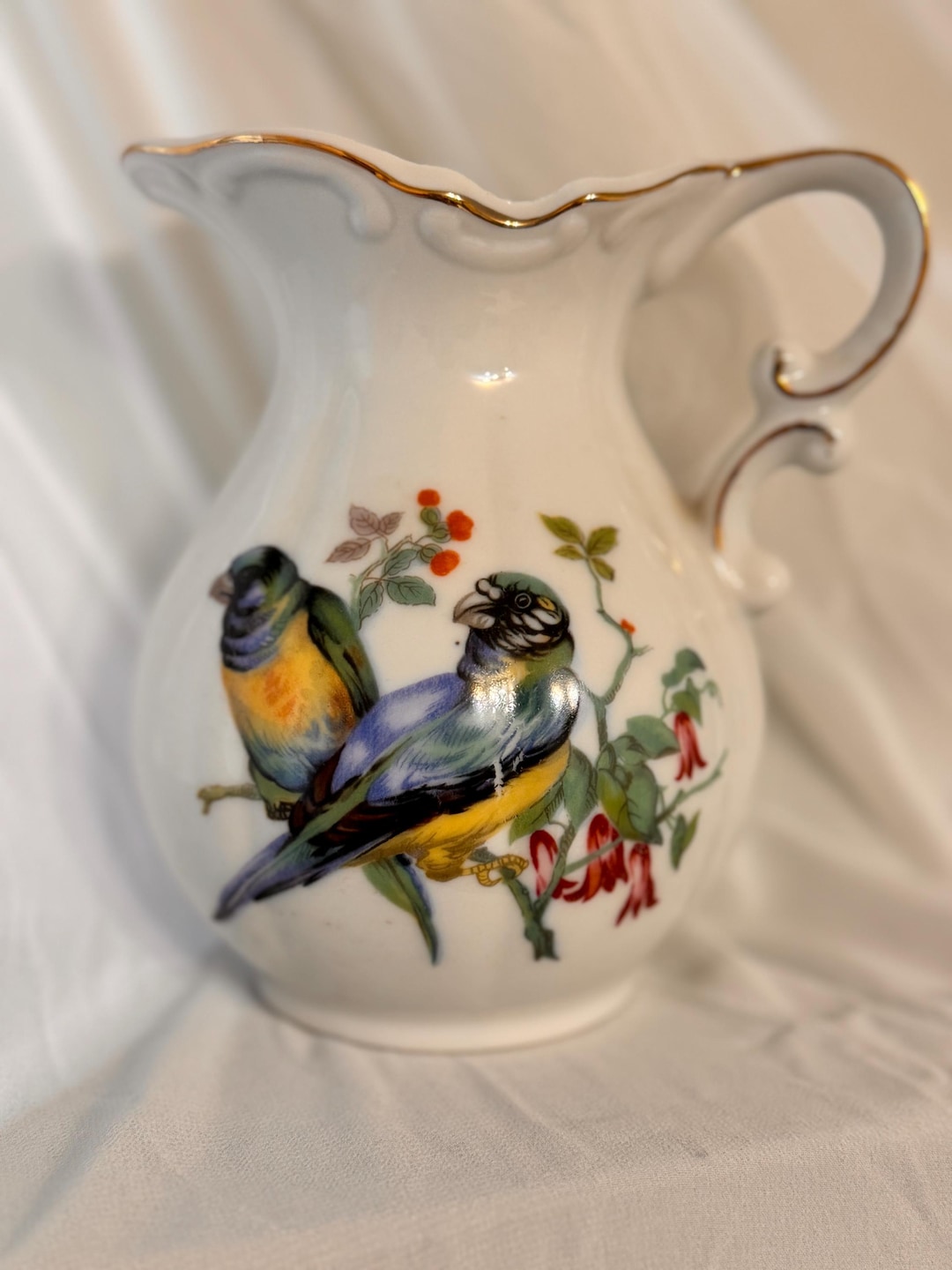 VINTAGE ROYAL CROWN Pitcher Parrot , Birds, Flowers , 5.25" H, Gold ...