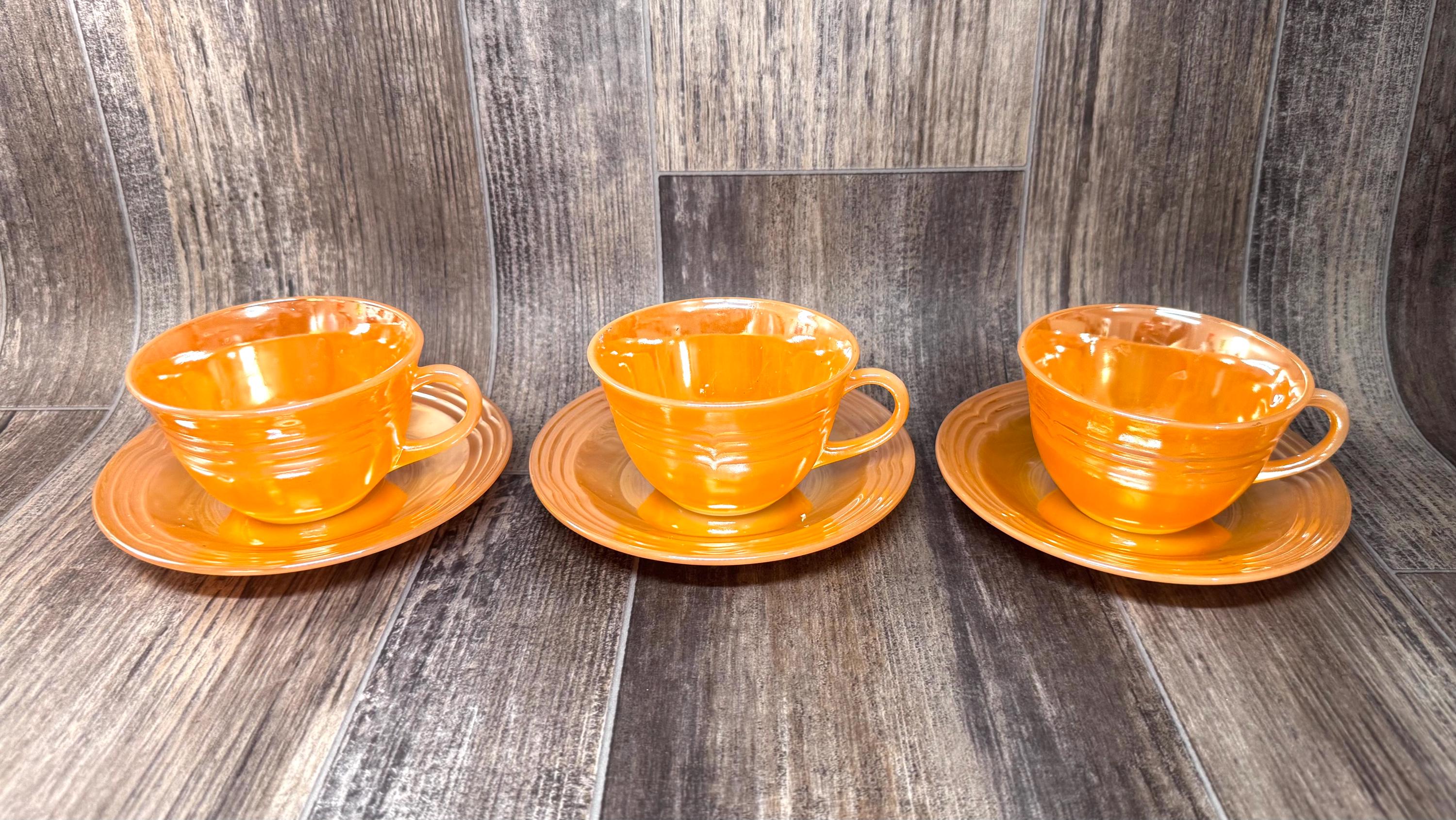 3 Vintage Fire King Peach Luster Cups and Saucers Sets - Etsy