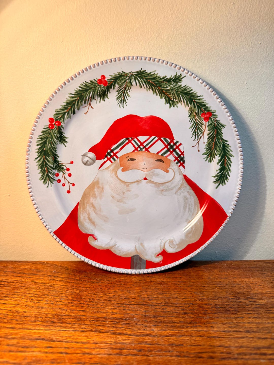 Mud Pie Santa Cookie Plate Holly Berries Christmas Holiday Dotted Edge ...