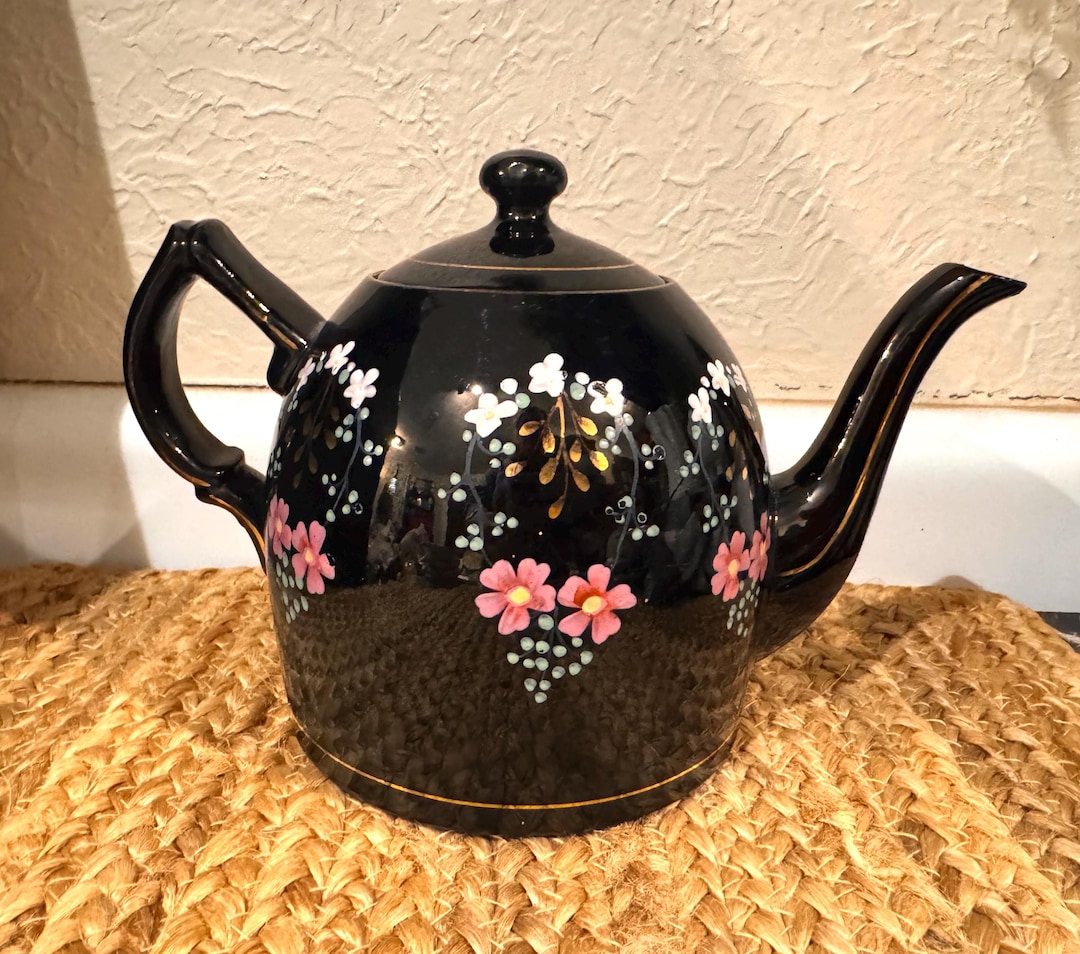 VINTAGE Sudlow Burslem England Black Teapot Hand Painted Flowers Gold ...