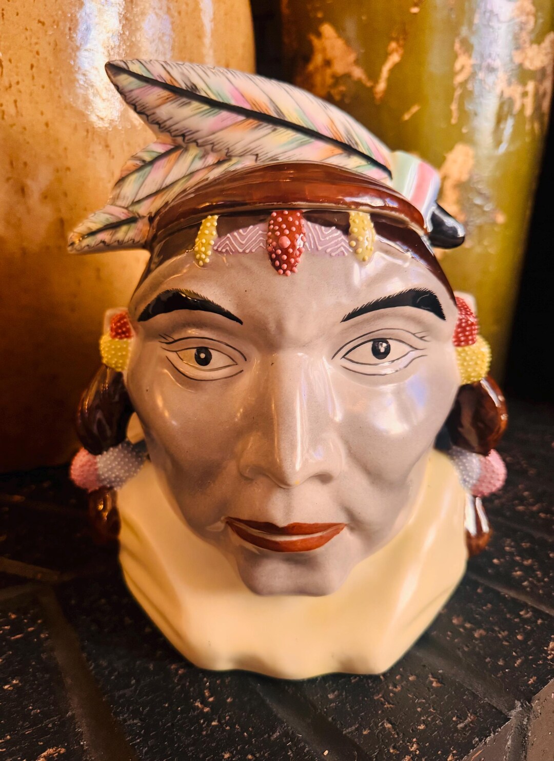 VINTAGE NATIVE AMERICAN Cookie Jar/feather/gorgeous Detail - Etsy