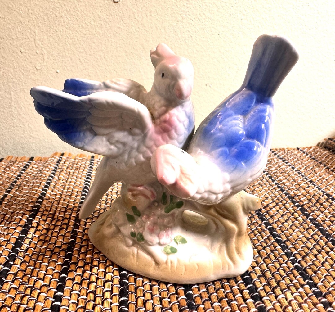 Vintage Ceramic Parakeets Love Birds on Branch White Blue Pink Just ...