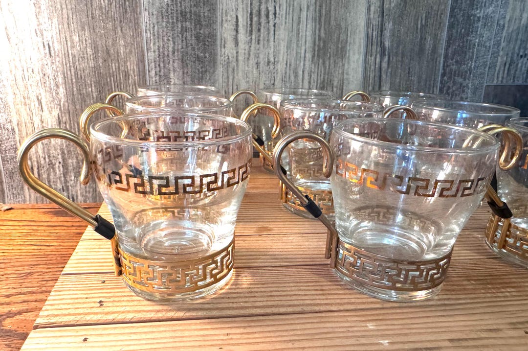 9 Vintage Libbey Gold Greek Key Glass Continental Coffee Cups With ...
