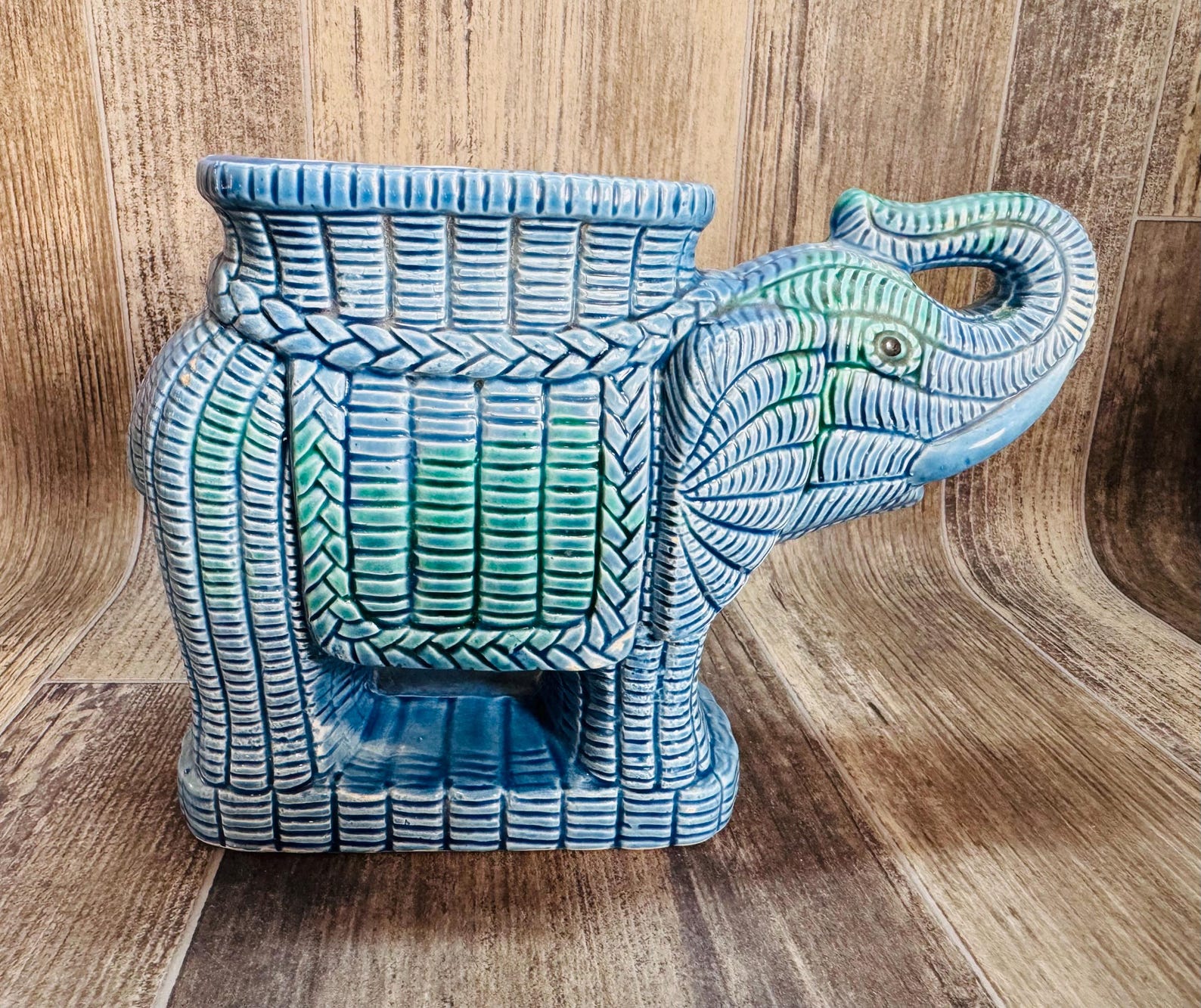 Vtg 6 Tall Ceramic Elephant Planter Blue/green 1980 - Etsy