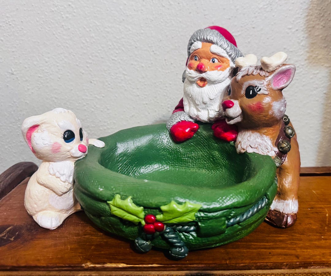 VINTAGE SANTA DISH, Reindeer, Rabbit, Candy, Nut, Trinket Dish, Ceramic ...
