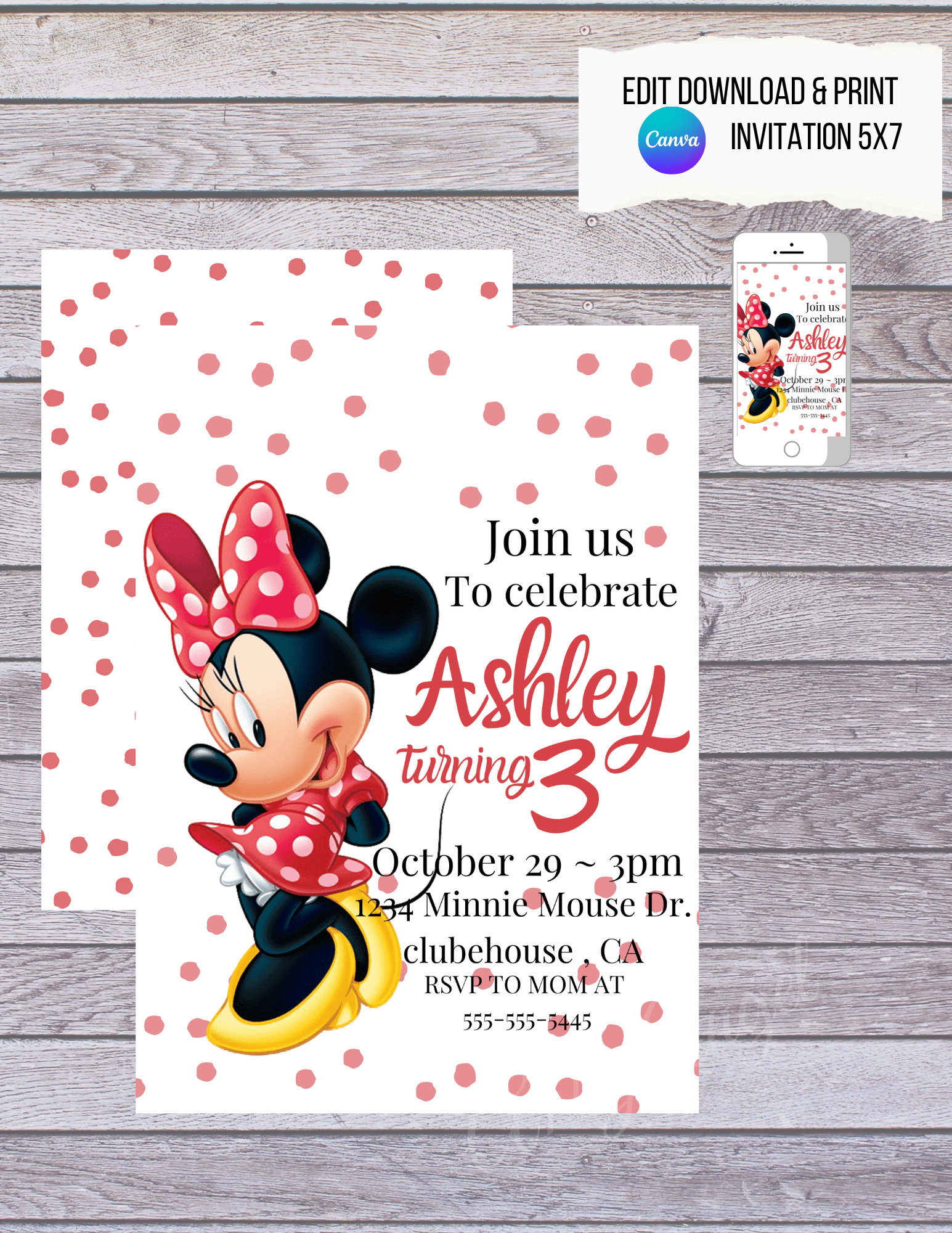 Editable Minnie Mouse Birthday Invitation, Minnie Mouse Birthday, - Etsy