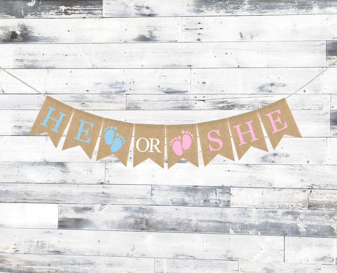 He or She Foot Print Gender Reveal Banner, He or She Theme Baby Shower ...