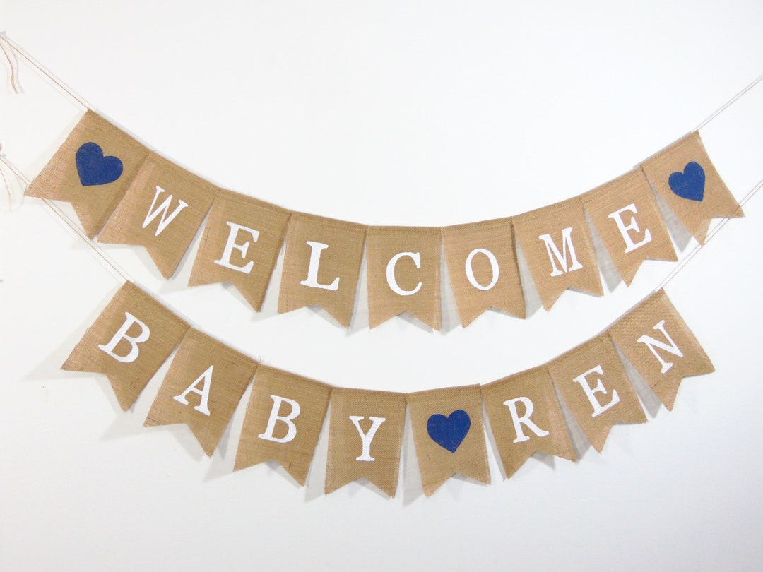 Welcome Baby Banner, Burlap Baby Banner, Blue Baby Shower Decorations ...