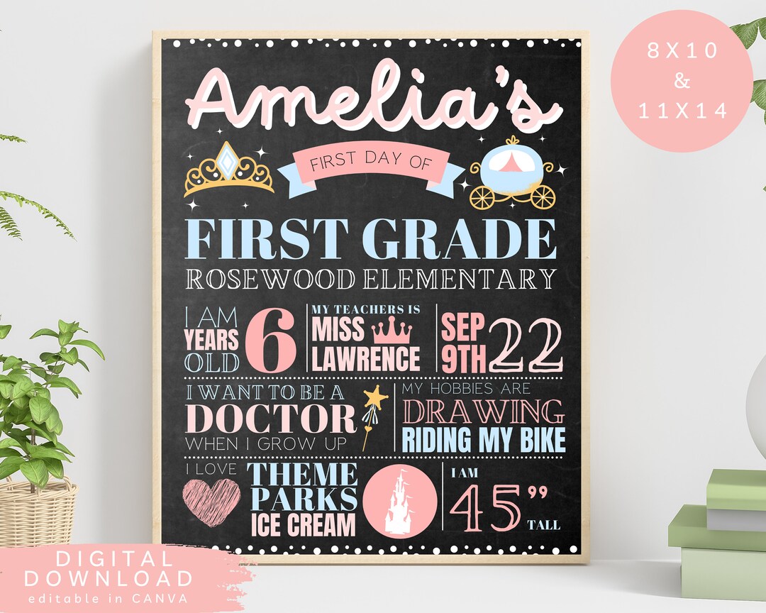 Chalk Board First Day of School Sign, Princess Theme Back to School ...