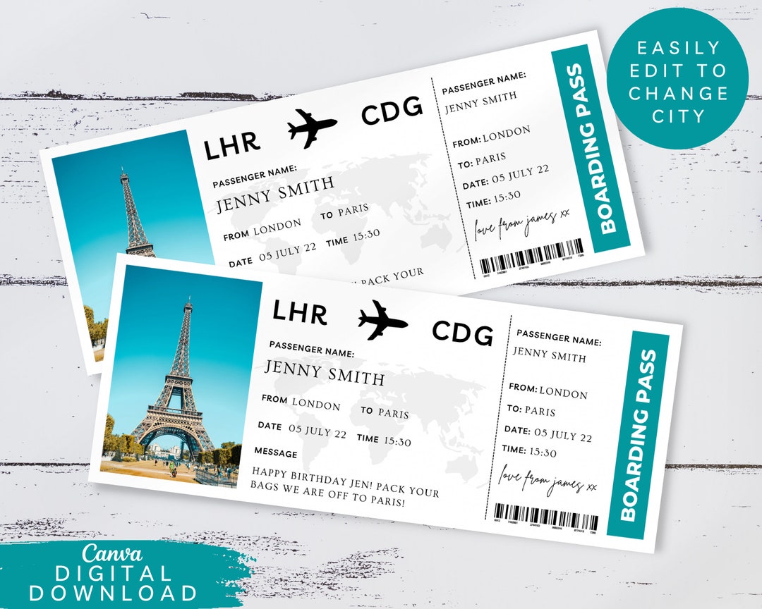 Editable Paris Boarding Plane Ticket, Print Surprise Trip Voucher ...