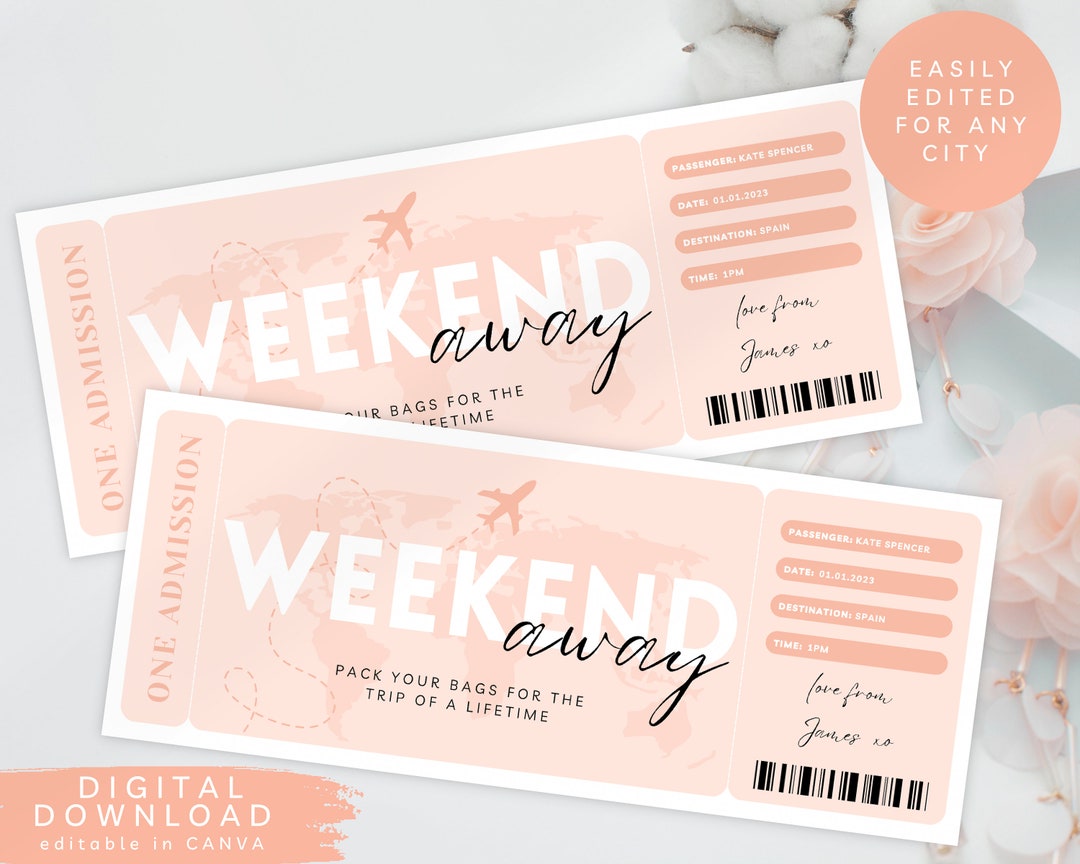 Editable Weekend Away Travel Ticket, Print Surprise Trip Voucher ...