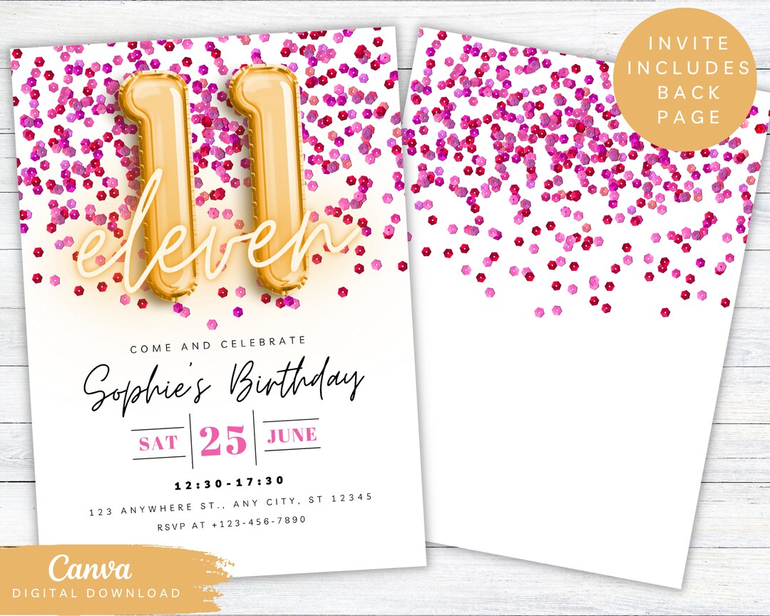 Age 11 Girls Balloon Birthday Invite, Cute Gold Birthday Party, Kids ...