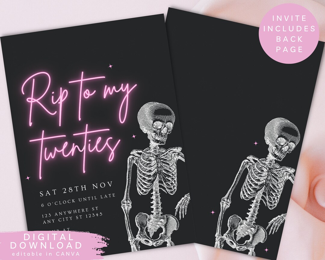 Neon Rips to Twenty Party Invitation, Skull Halloween Invite, Death to ...