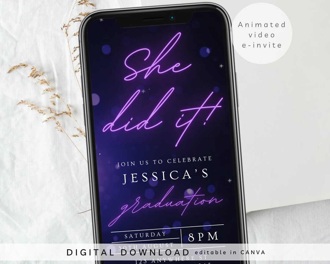Purple Neon Graduation Party Animated Invite, Graduation Announcement ...