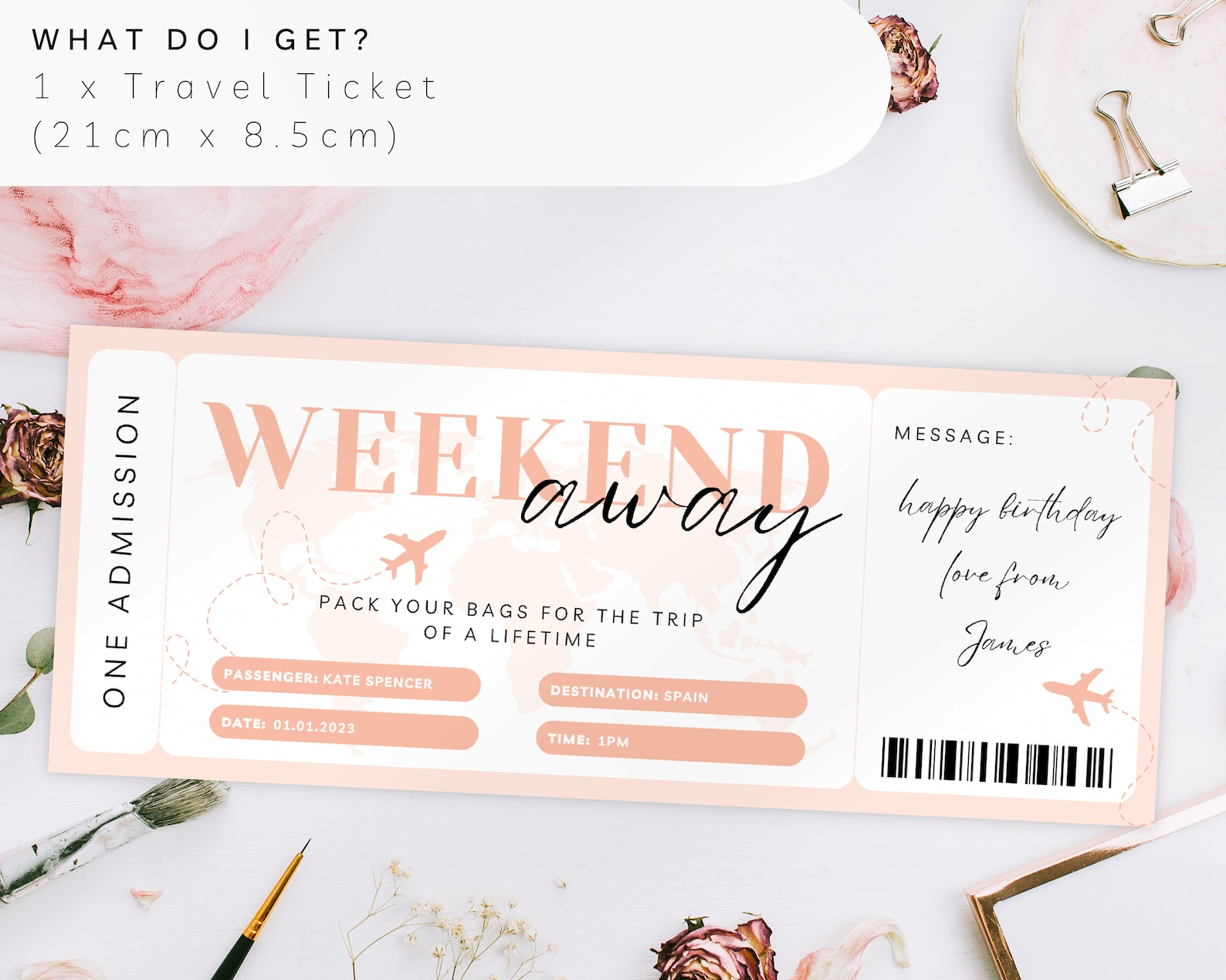 Editable Weekend Away Travel Ticket, Print Surprise Trip Voucher ...