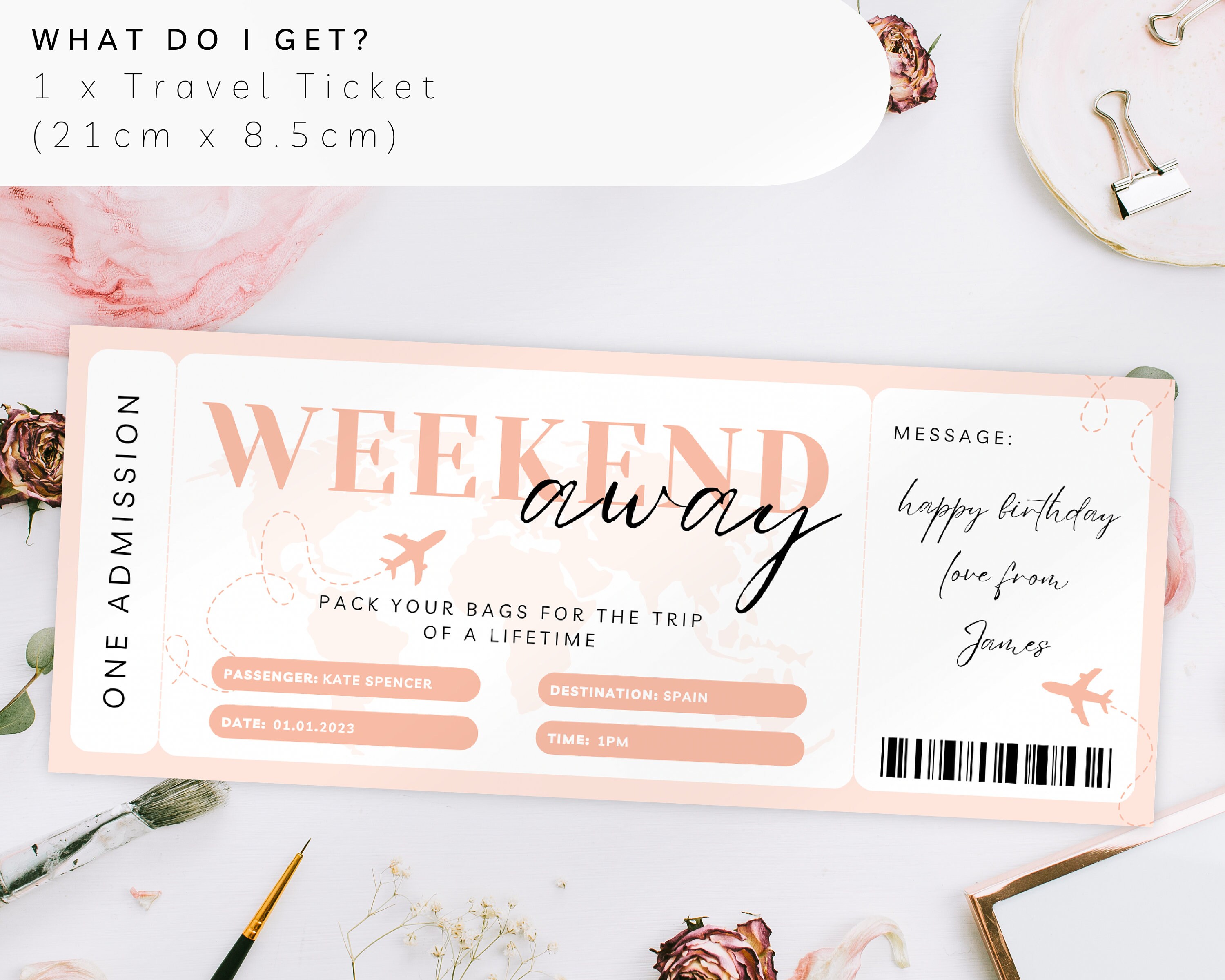 Editable Weekend Away Travel Ticket, Print Surprise Trip Voucher ...