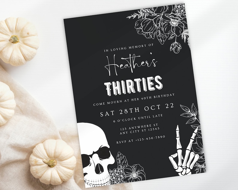 Rips to Thirties Party Invitation, Skull Halloween Invite, Death to 30s ...