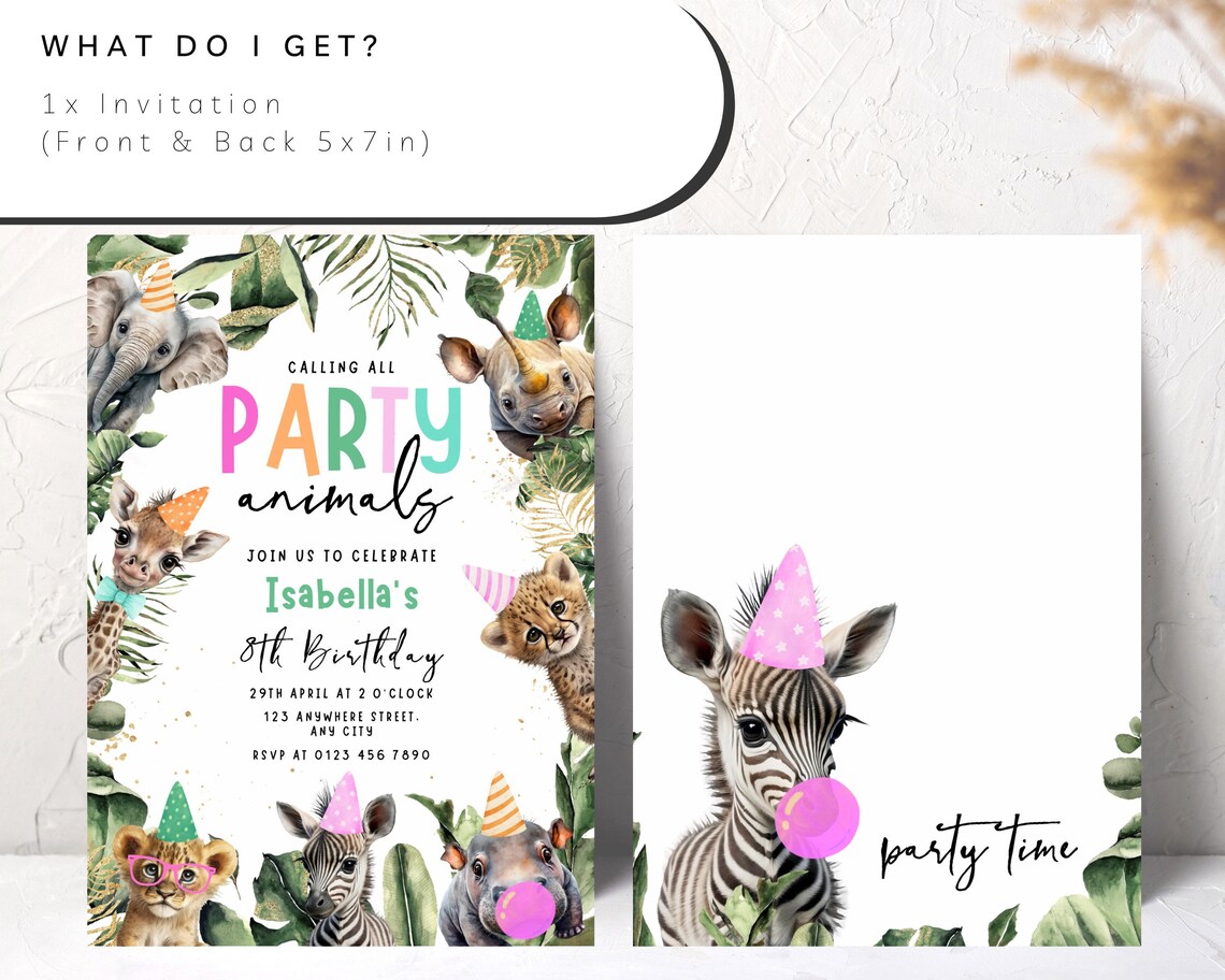 Editable Party Animal Invite, Safari Birthday Invitation, Baby Animal ...