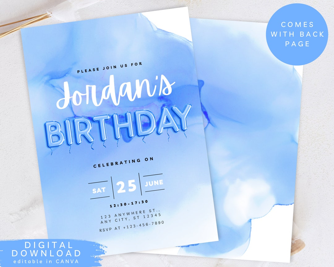 Foil Balloon Birthday Invite, Blue Girl Birthday Invite, Teenager Party ...