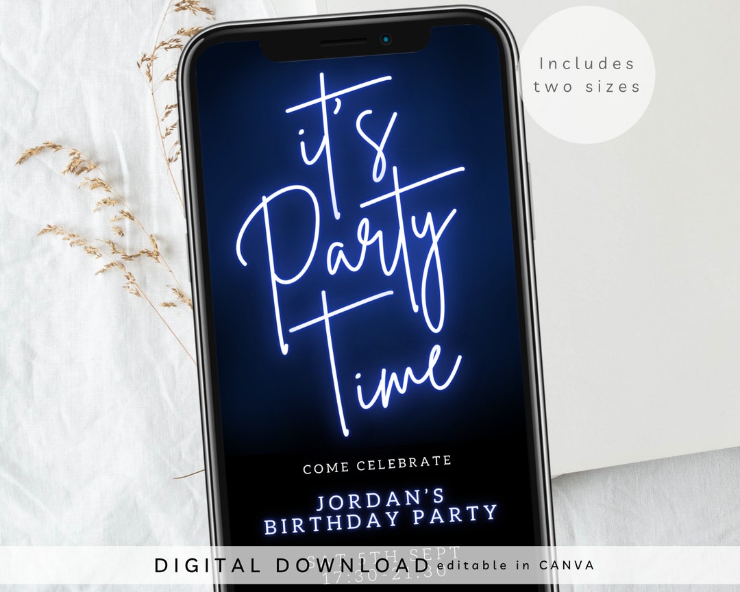 Blue Neon It’s Party Time Electronic Invite, Neon Birthday E-invite ...