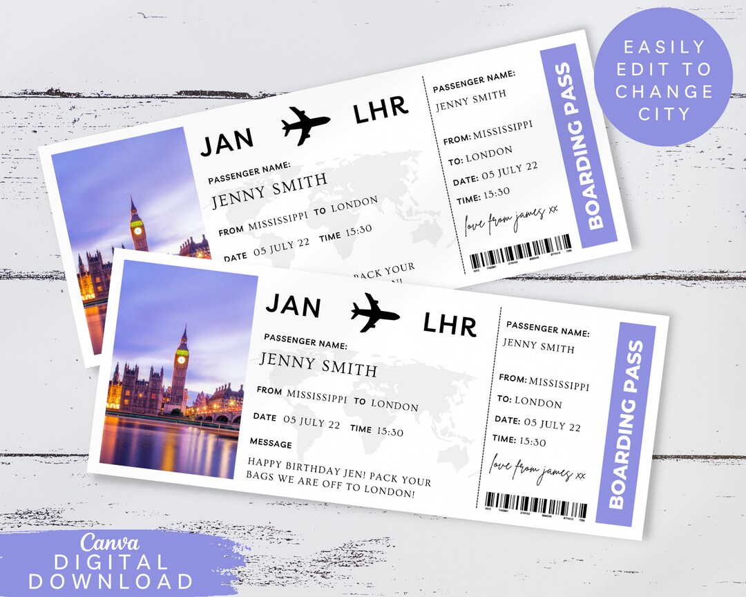 Editable London Boarding Plane Ticket, Print Surprise Trip Voucher ...
